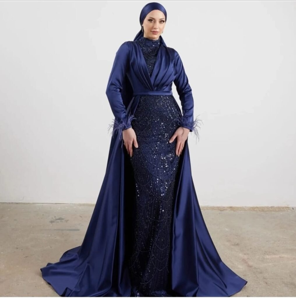 Elegant Navy Blue Sequin Evening Gown with Train – Sarah Clothing